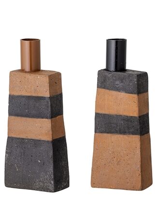 Bloomingville Key 2li Çizgi Detaylı Seramik Şamdan Siyah