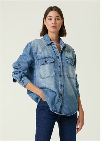 Academia Kadın Mavi Logo Desenli Bol Kesim Denim Gömlek 34