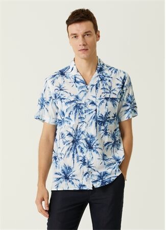 Tommy Hilfiger Erkek Mavi Palmiye Desenli Kısa Kol Gömlek S EU
