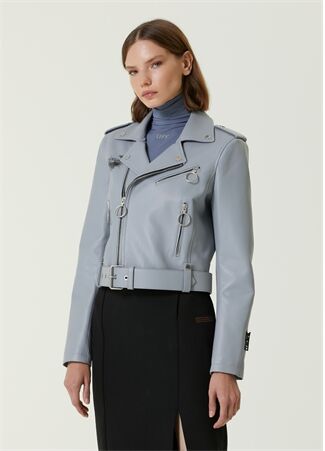 Off-White Kadın Gri Baskılı Kruvaze Deri Ceket 40 IT Off-White Kadın Gri Baskılı Kruvaze Deri Ceket 40 IT