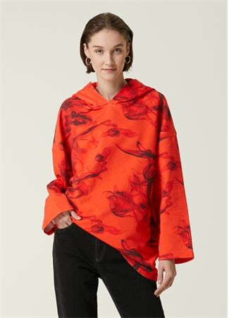 Academia Kadın Kırmızı Kapüşonlu Duman Desenli Sweatshirt XS/S