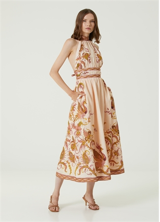 Zimmermann Kadın Cassia Krem Halter Yaka Midi Keten Elbise Beyaz 0 US