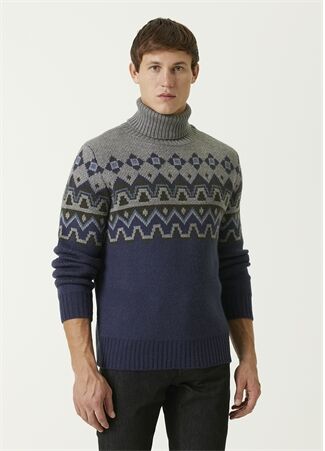 Canali Erkek Mavi Balıkçı Yaka Geometrik Jakarlı Yün Kazak 54 IT