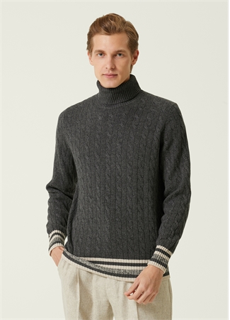 Brunello Cucinelli Erkek Antrasit Balıkçı Yaka Örgü Dokulu Yün Kazak Gri 48 IT