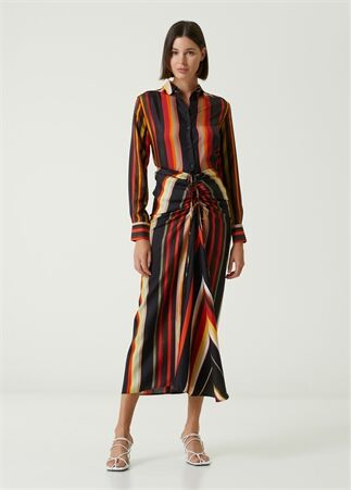 Christopher Esber Kadın Siyah Çizgili Büzgülü Midi İpek Etek 0 US Christopher Esber Kadın Siyah Çizgili Büzgülü Midi İpek Etek 0 US