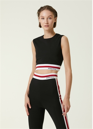Miu Kadın Siyah Logo Bantlı Crop Bluz L EU Miu Kadın Siyah Logo Bantlı Crop Bluz L EU