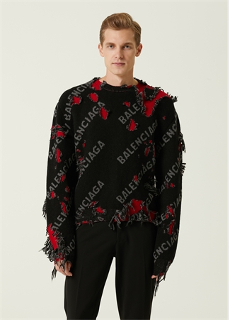 Balenciaga Erkek Siyah Kırmızı Yıpratmalı Logo Jakarlı Yün Triko M EU Balenciaga Erkek Siyah Kırmızı Yıpratmalı Logo Jakarlı Yün Triko M EU