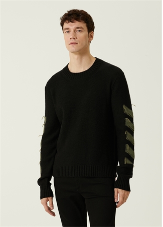 Off-White Erkek Siyah Haki Logo Jakarlı Yün Kazak S EU