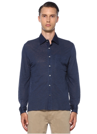 Caruso Erkek Lacivert Açık Yaka Keten Gömlek S US