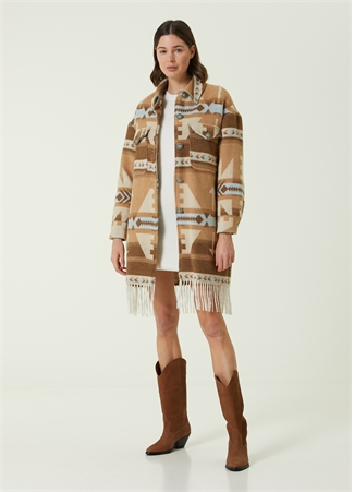 Frontstreet 8 Kadın Kamel Etnik Desenli Püsküllü Ceket Kahverengi 40 IT