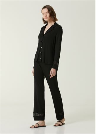 Elli2 Nightwear Kadın Siyah Dantel Garnili Pijama Set L EU