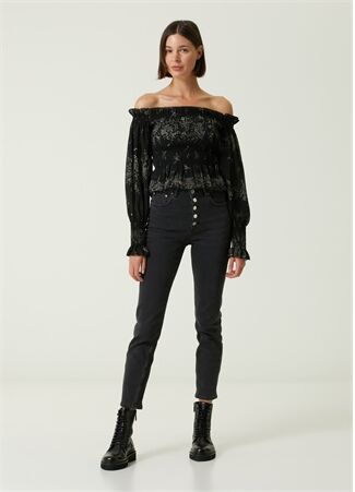 Allsaints Kadın Siyah Kayık Yaka Desenli Bluz 0 UK