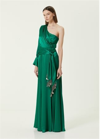 Tuvanam Kadın Yeşil Tek Kol Maksi Saten Abiye Elbise 36 EU