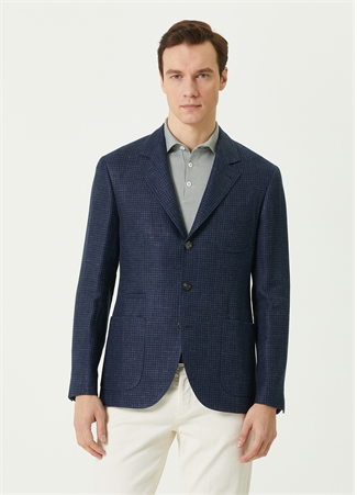 Brunello Cucinelli Erkek Lacivert Mikro Kazayağı Desenli Keten Ceket 54 IT Brunello Cucinelli Erkek Lacivert Mikro Kazayağı Desenli Keten Ceket 54 IT