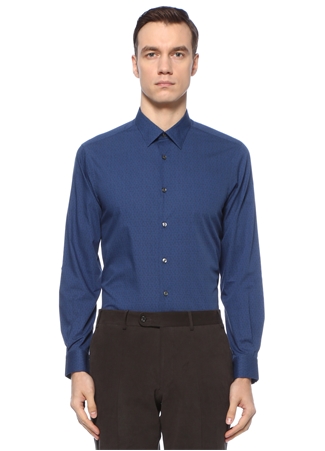 Pal Zileri Erkek Lacivert İngiliz Yaka Geometrik Desenli Gömlek Mavi 4 IT