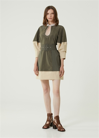 Chloe Kadın Haki Bej Balon Kol Kemerli Mini İpek Elbise Yeşil 36 IT