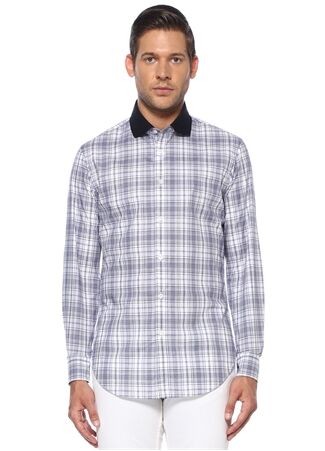 Pal Zileri Erkek Mavi Ekose Desenli Yakası Garnili Gömlek 39 IT