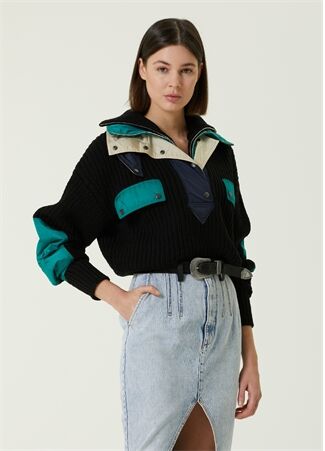 Isabel Marant Kadın Dempster Siyah Yeşil Dik Yaka Yün Kazak 34 FR