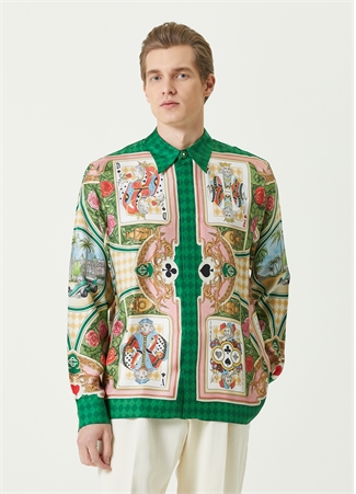 Casablanca Erkek Yeşil Figür Desenli İpek Gömlek Beyaz M EU Casablanca Erkek Yeşil Figür Desenli İpek Gömlek Beyaz M EU
