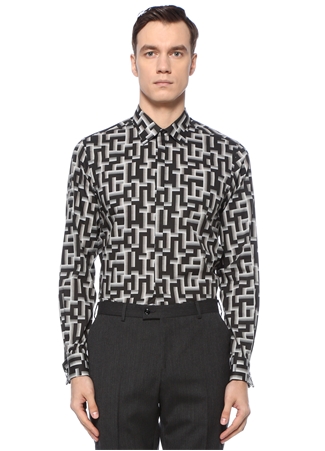 Pal Zileri Erkek Siyah İngiliz Yaka Desenli Gömlek 4 IT
