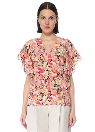 Stella McCartney Kadın Mallory Pembe V Yaka Çiçekli Volanlı İpek Bluz 38 IT