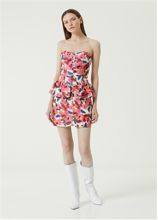 Isabel Marant Kadın Alozi Pembe Straplez Çiçekli Mini Deri Elbise 36 FR
