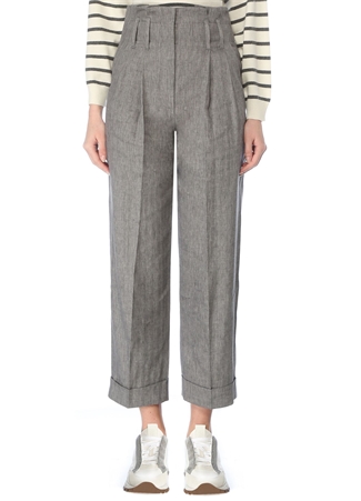 Brunello Cucinelli Kadın Gri Yüksek Bel Pilili Crop Keten Pantolon 42 IT