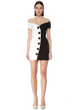 Balmain Kadın Siyah Beyaz Düşük Omuzlu Mini Kokteyl Elbise 38 FR