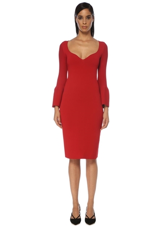 Stella McCartney Kadın Kırmızı Kalp Yaka Çan Kol Midi Triko Elbise 38 IT