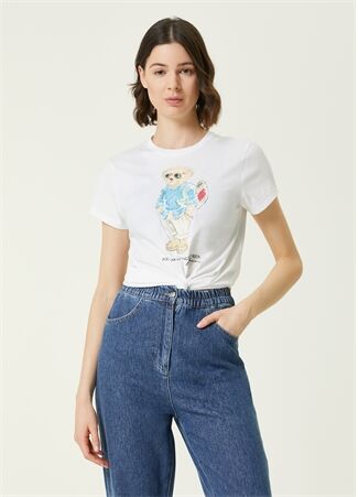 Polo Ralph Lauren Kadın Bear Beyaz Bisiklet Yaka T-shirt Xs Eu