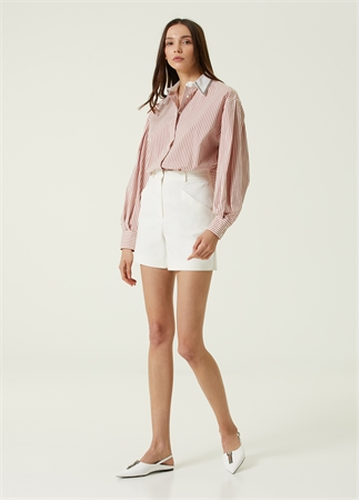 Brunello Cucinelli Kadın Tütün Beyaz Çizgili İşleme Detaylı Gömlek S EU