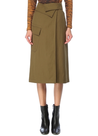 Kenzo Kadın Haki Beli Kat Detaylı Midi Etek 36 FR