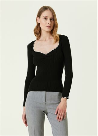 Musier Kadın Mila Siyah İnci Detaylı Uzun Kol Triko Bluz 36 IT