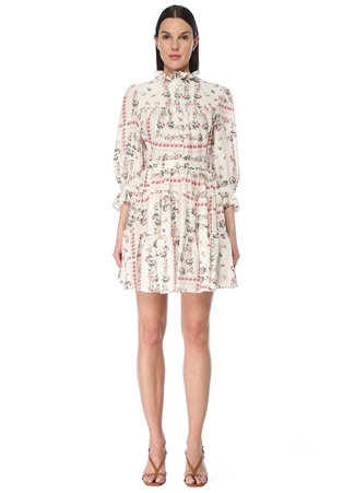 Etro Kadın Beyaz Dik Yaka Çiçekli Fırfırlı Mini İpek Elbise 38 IT
