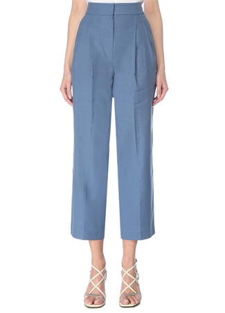 Brunello Cucinelli Kadın Mavi Yüksek Bel Cropped Keten Pilili Pantolon 42 IT