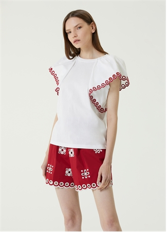 Red Valentino Kadın Beyaz Bisiklet Yaka Kolu Nakışlı T-shirt S EU Red Valentino Kadın Beyaz Bisiklet Yaka Kolu Nakışlı T-shirt S EU
