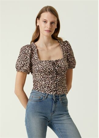 Faraway Kadın Bej Kare Yaka Leopar Desenli Bluz 34 EU