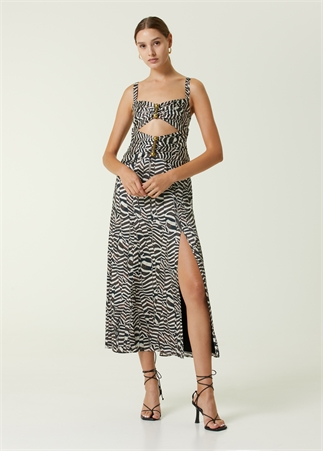 Alexis Kadın Morgada Siyah Beyaz Kalp Yaka Desenli Midi Elbise S EU