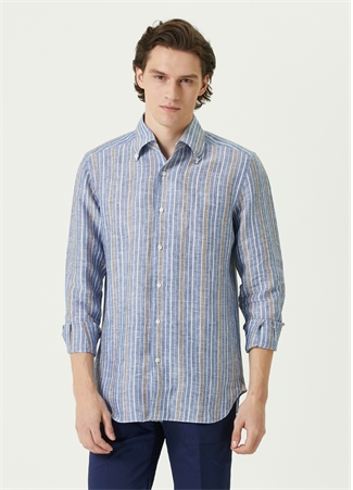 Luciano Barbera Erkek Mavi Çizgi Desenli Keten Gömlek L Eu