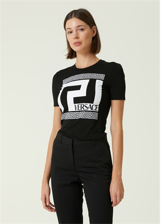 Versace Kadın Siyah Bisiklet Yaka Logolu T-shirt 40 IT