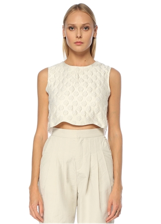 Sister Jane Kadın Krem Jakarlı Sırtı Bağcıklı Kolsuz Crop Bluz Bej XS EU