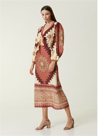 Johanna Ortiz Kadın Kırmızı V Yaka Desenli Midi Keten Elbise 6 US Johanna Ortiz Kadın Kırmızı V Yaka Desenli Midi Keten Elbise 6 US