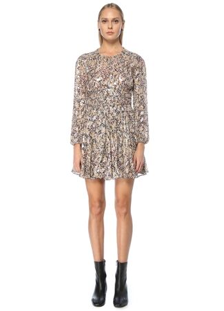 Maje Kadın Bisiklet Yaka Desenli Uzun Kol Mini Elbise Bej 40 FR