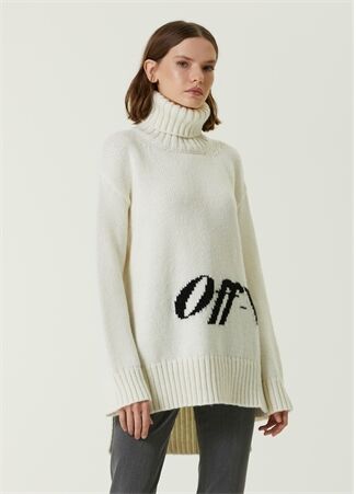 Off-White Kadın Beyaz Balıkçı Yaka Logo Jakarlı Yün Kazak 42 IT