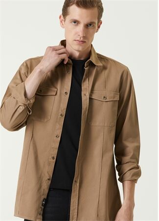 7 For All Mankind Erkek Bej Polo Yaka Dekoratif Dikişli Gömlek S EU