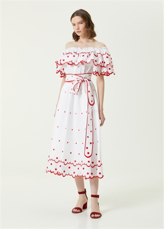 Gül Hürgel Kadın Kırmızı Düşük Omuzlu Nakışlı Midi Keten Elbise S EU