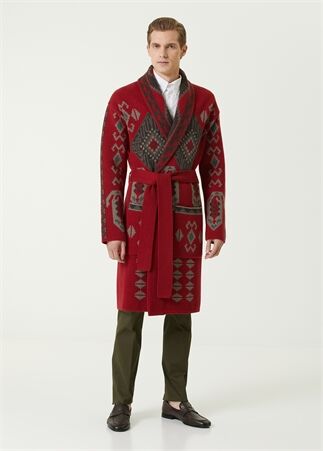 Etro Erkek Kırmızı Şal Yaka Etnik Desen Jakarlı Yün Hırka L EU