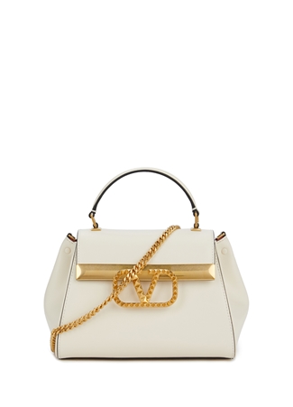 Valentino Garavani Kadın Krem Logolu Deri Omuz Çantası Beyaz EU
