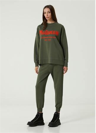 Alexander McQueen Kadın Haki Logo Baskılı Sweatshirt 40 IT