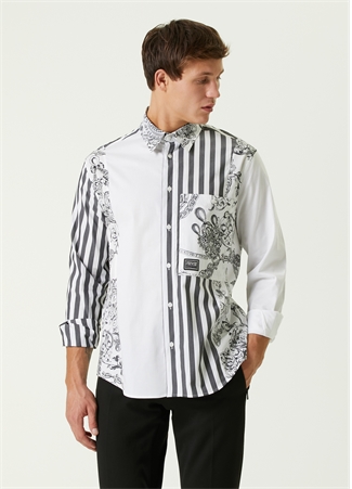 Versace Jeans Couture Erkek Beyaz Çizgili Barok Desenli Gömlek 52 IT Versace Jeans Couture Erkek Beyaz Çizgili Barok Desenli Gömlek 52 IT